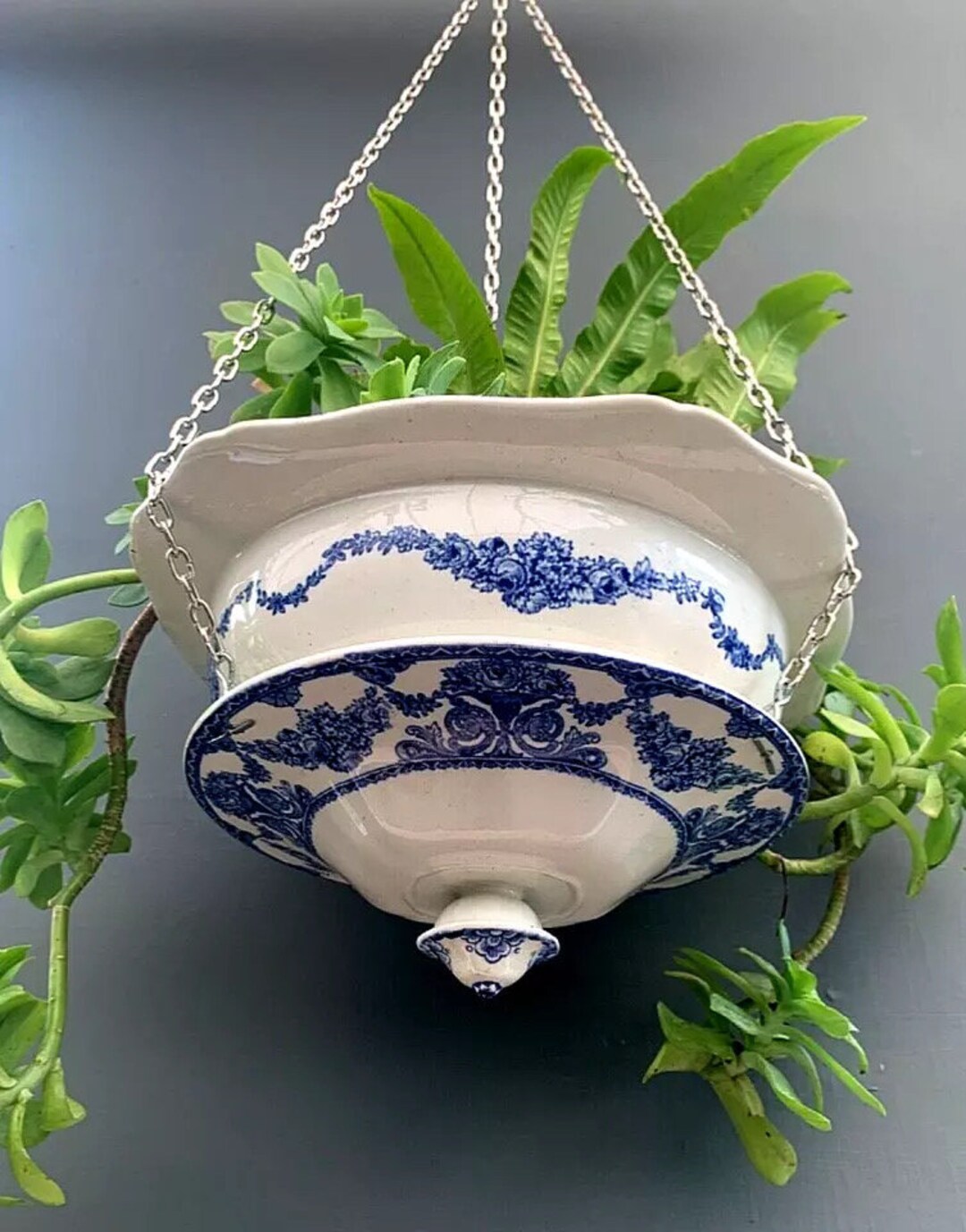 Beautiful Art Deco Period ANTIQUE roselle Pattern HANGING Blue and ...