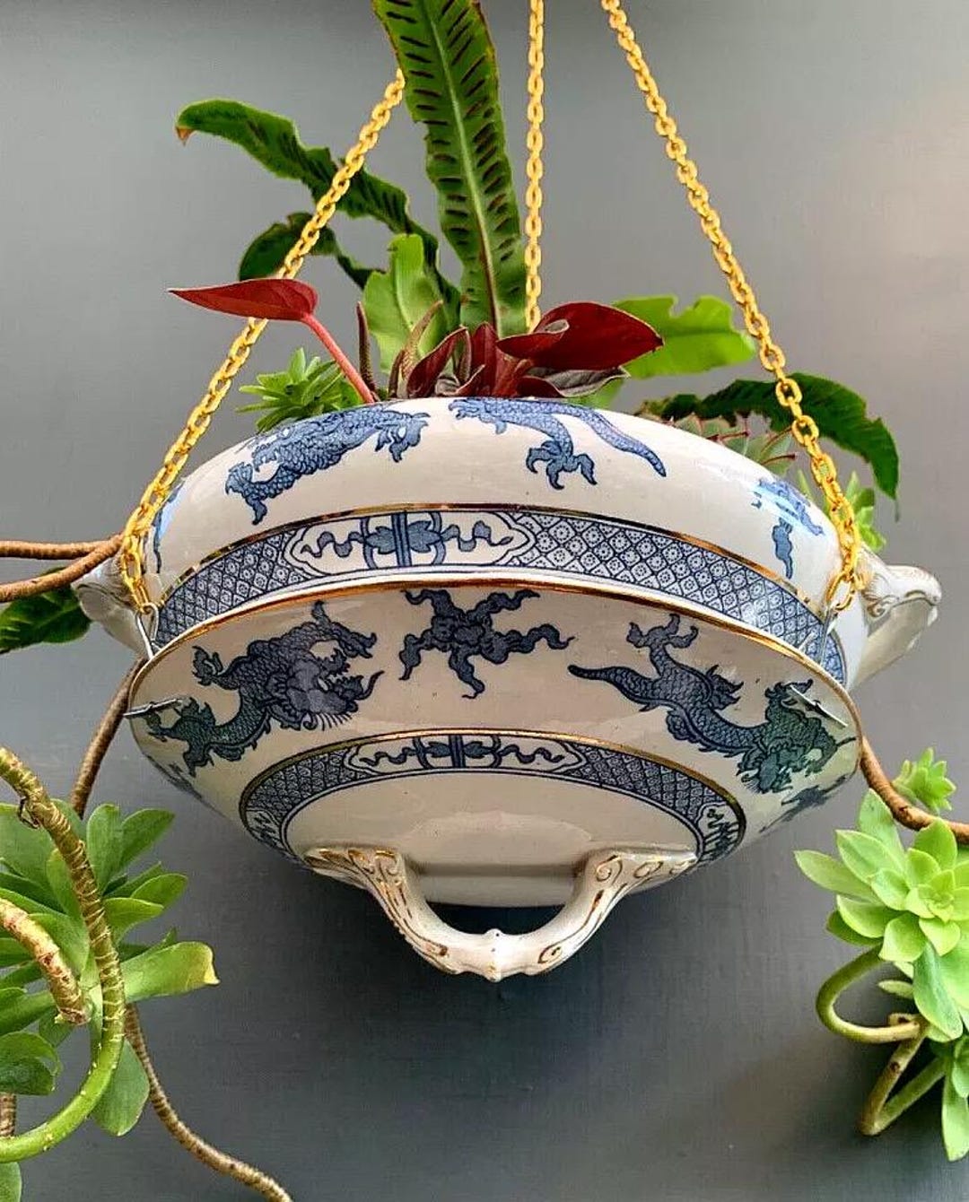 1920s ANTIQUE Blue and White Wilton Ware Pottery Blue Dragon HANGING ...