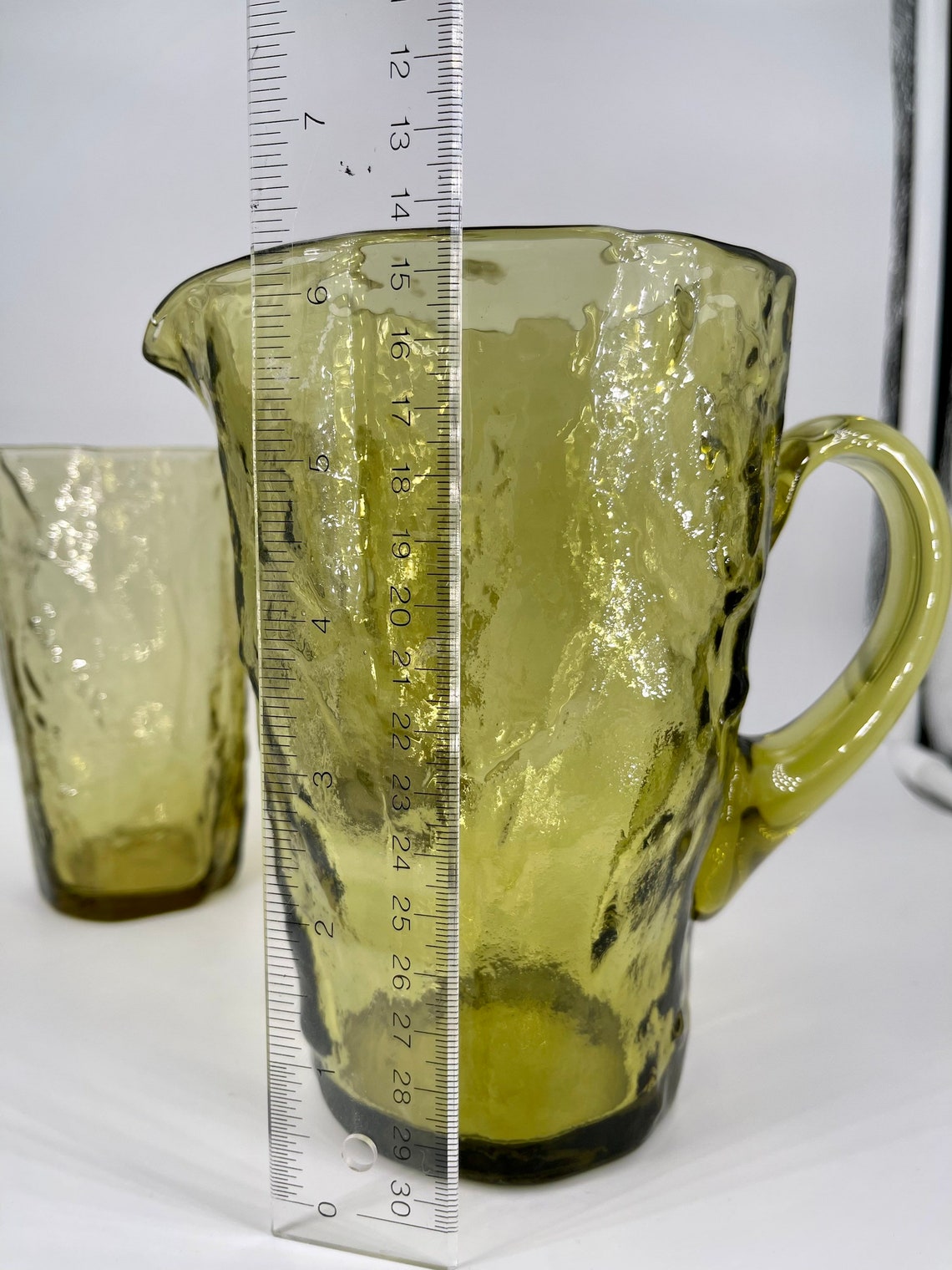 Morgantown Glass Crinkle Tijuana Pitcher and Flat Tumblers Yellow Topaz ...