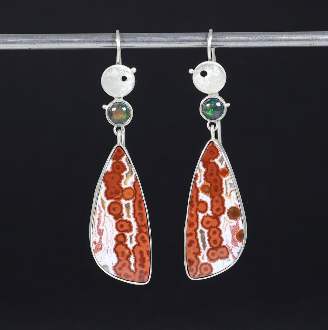 Red Ocean Jasper and Black Opal Earrings in Brushed Silver, Unique ...