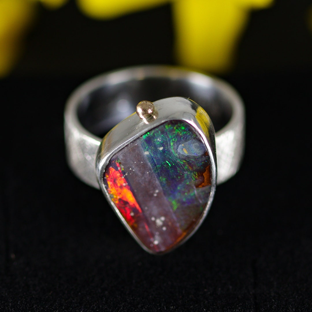 Striped Boulder Opal Wide Band Ring, Solid Silver & 18k Gold, Size 55 ...