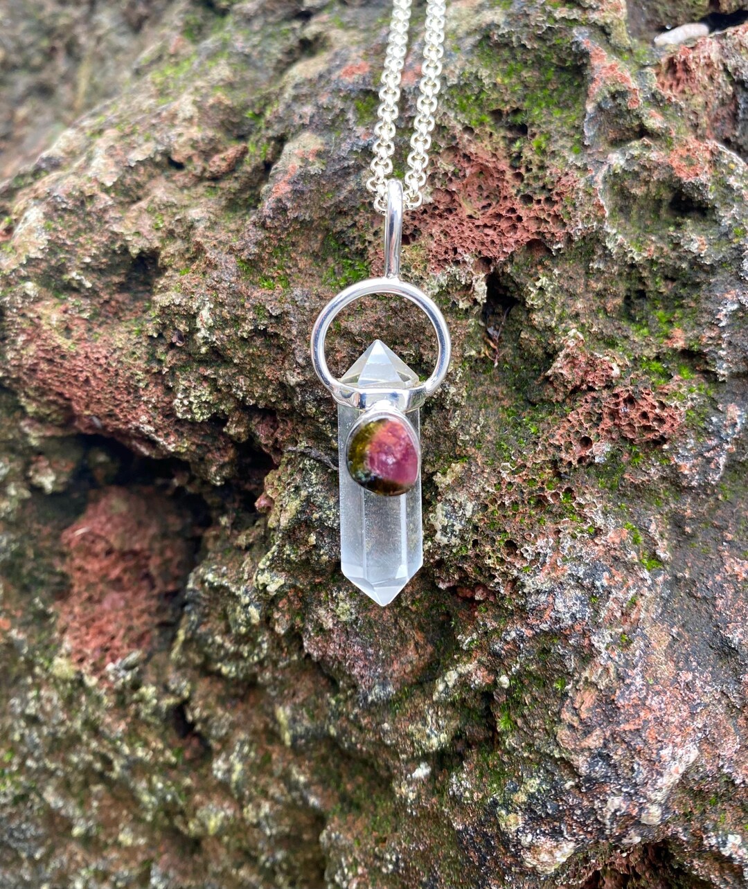 Polished DT Quartz With Watermelon Tourmaline, Gemstone & Silver ...