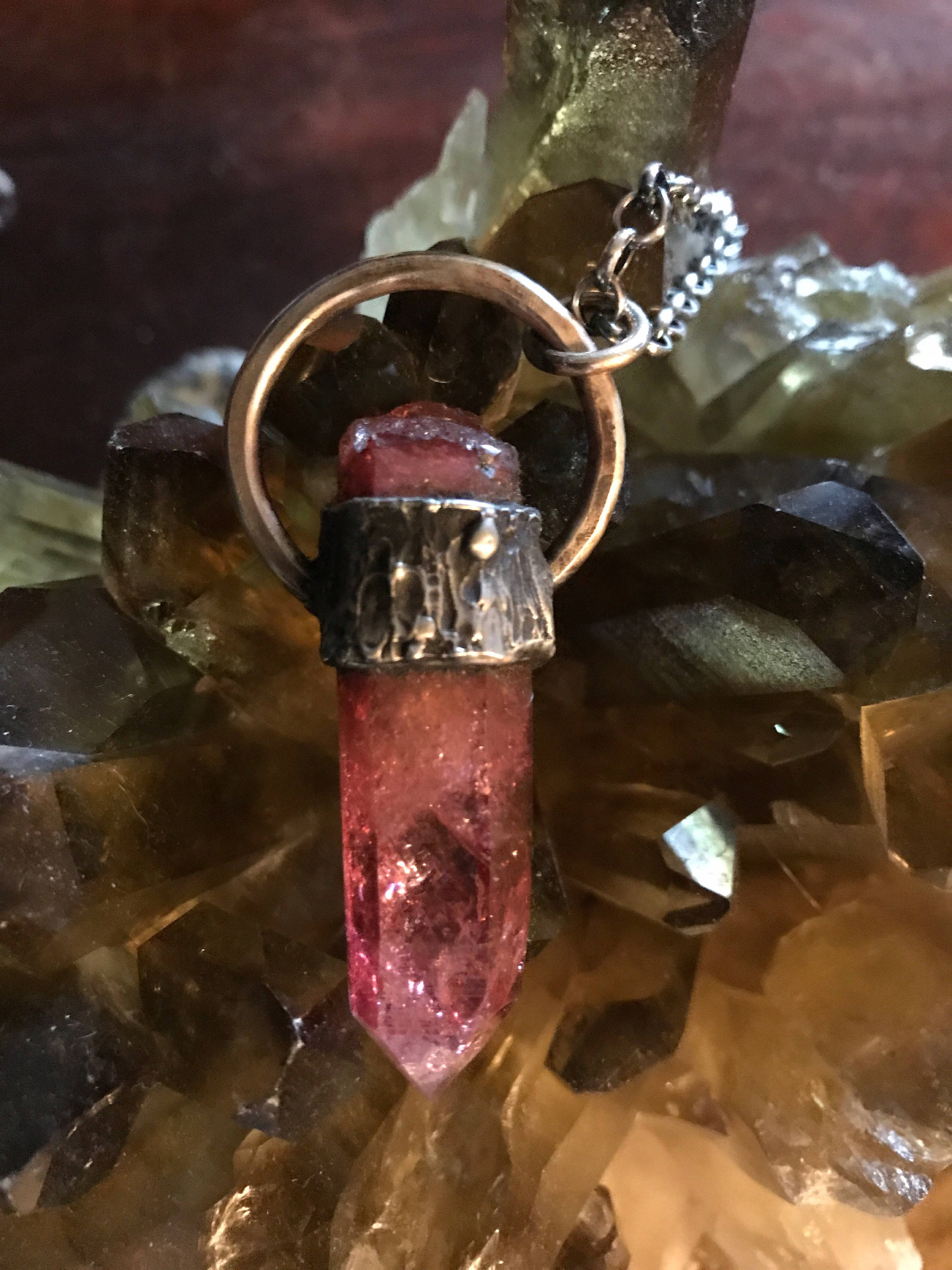 Ruby Rose Aura Quartz, Raw Crystal Pendant, The Keeper of Beauty