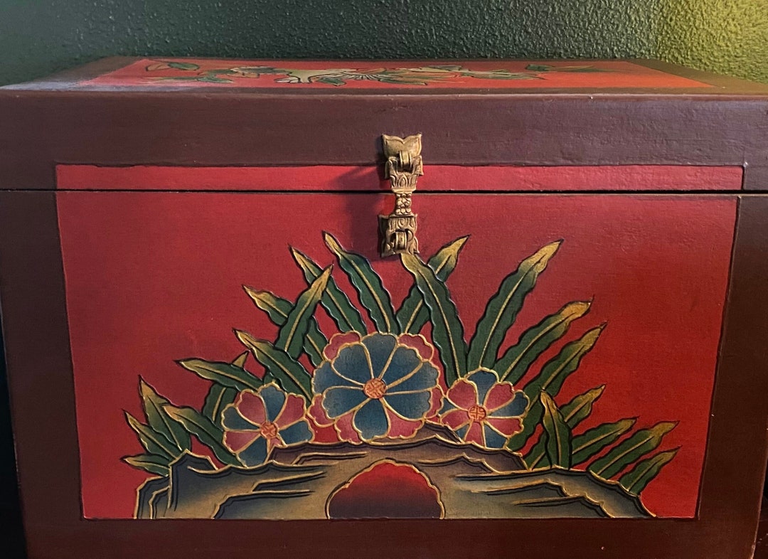 Hand Painted XL Tibetan Wooden Box/chest, Brass Latch, Red With Floral ...