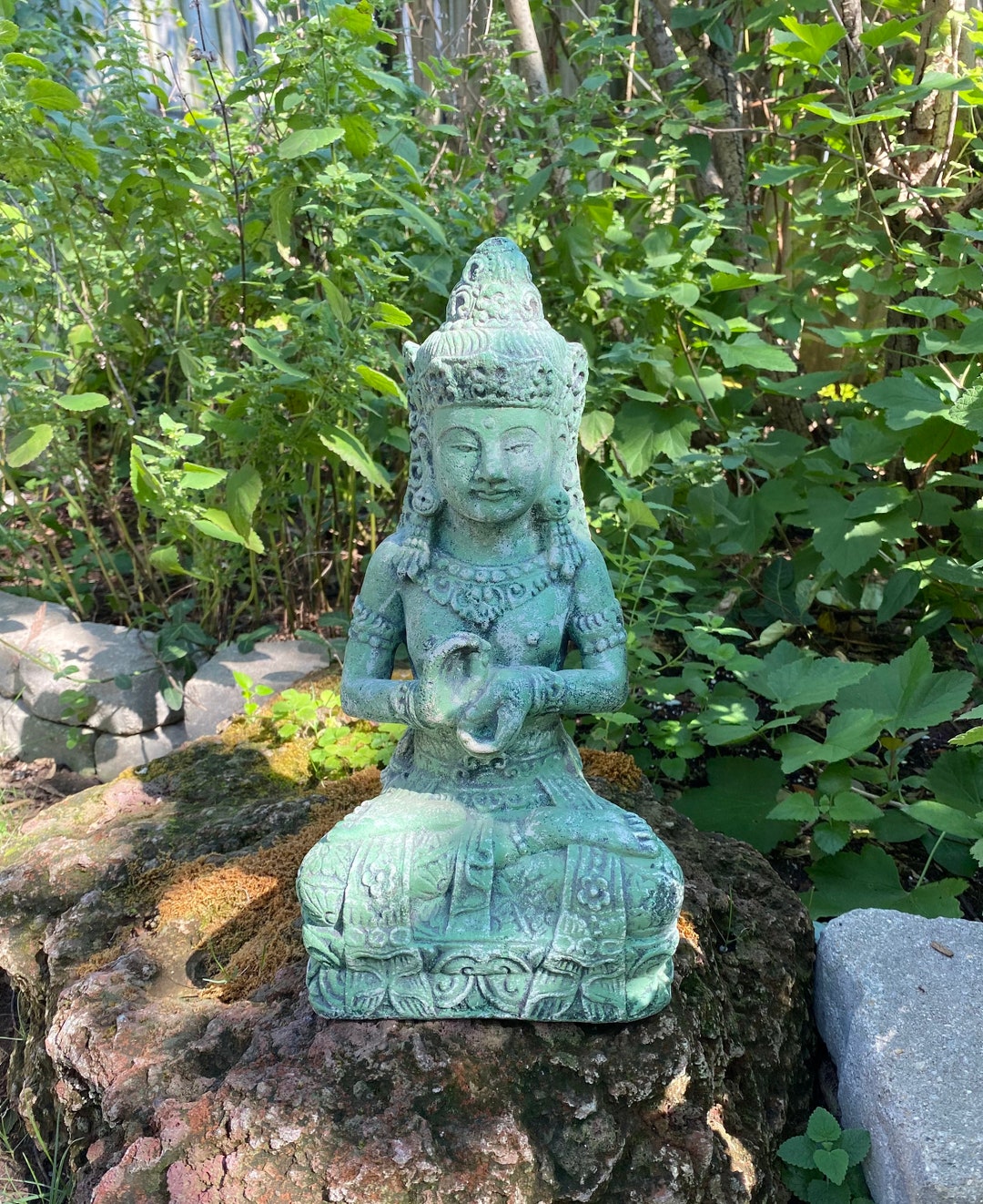 Green Tara, Volcanic Stone Statue, Bodhisattva of Compassion, 13.50 LBS+ Indonesia, Being of ...