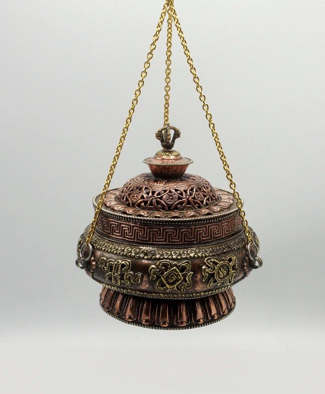 Tibetan Hanging Temple Censer, Large Copper and Brass, 7 X 7-3/4" Round ...