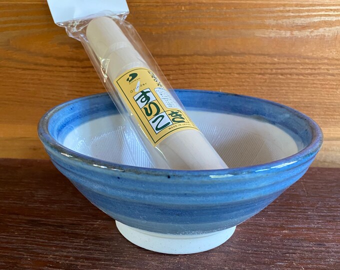 Japanese Mortar & Pestle Set, 6 Hand Painted Food Safe Earthenware, Ridged Suribachi, Blue or ...