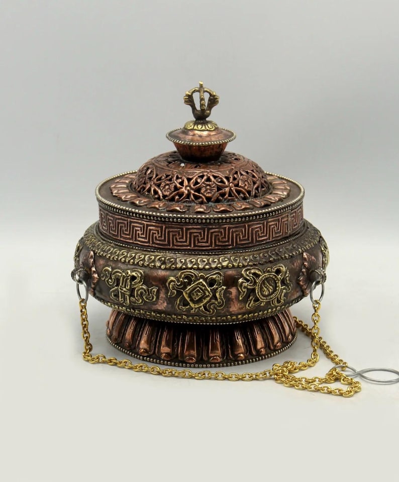 Tibetan Hanging Temple Censer, Large Copper and Brass, 7 X 7-3/4" Round ...