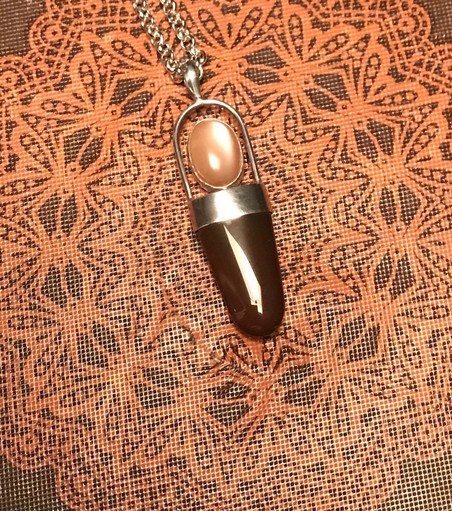 Carnelian and Peach Moonstone, Sterling Silver Pendant, Chain Included