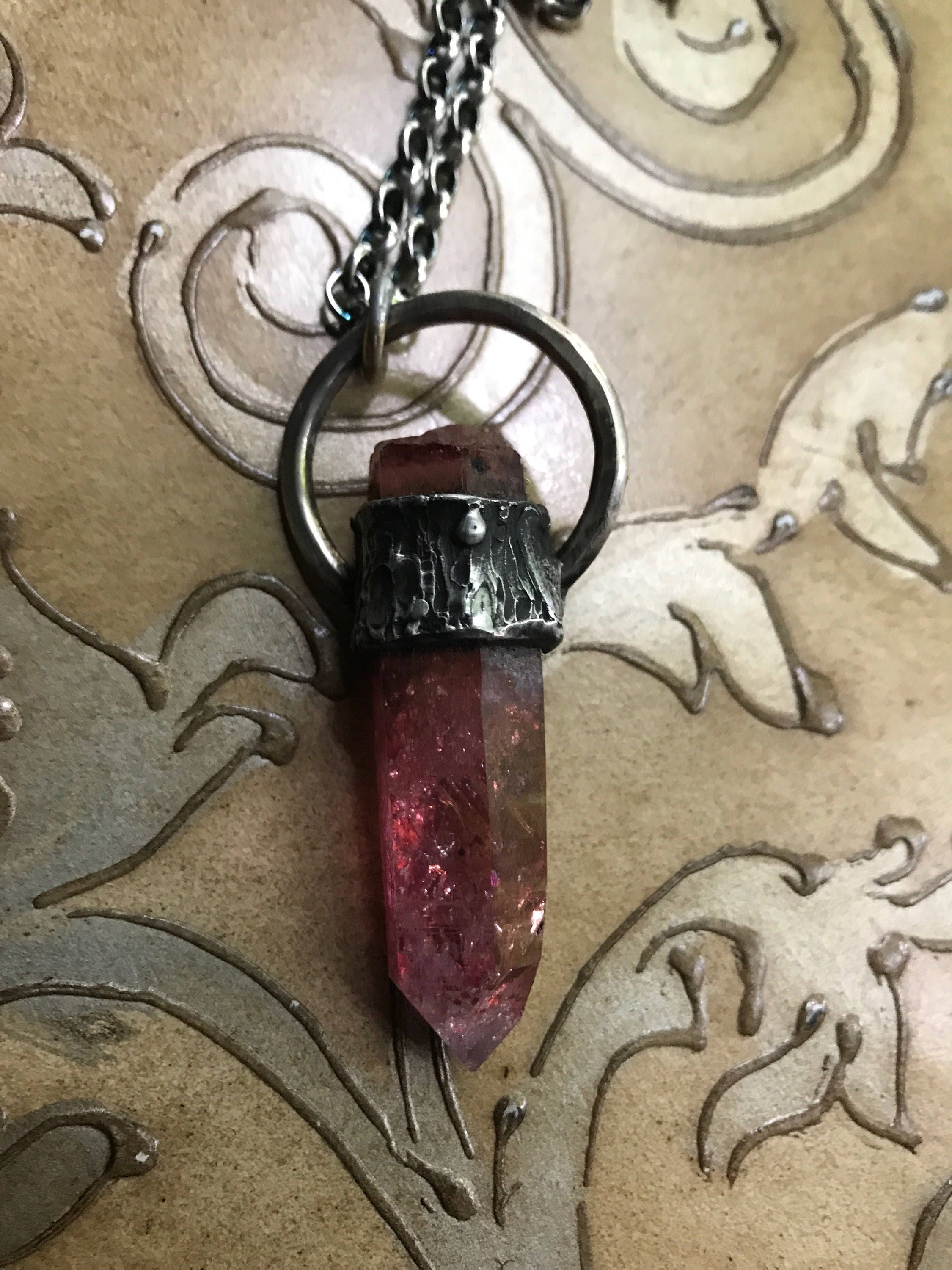 Ruby Rose Aura Quartz, Raw Crystal Pendant, The Keeper of Beauty