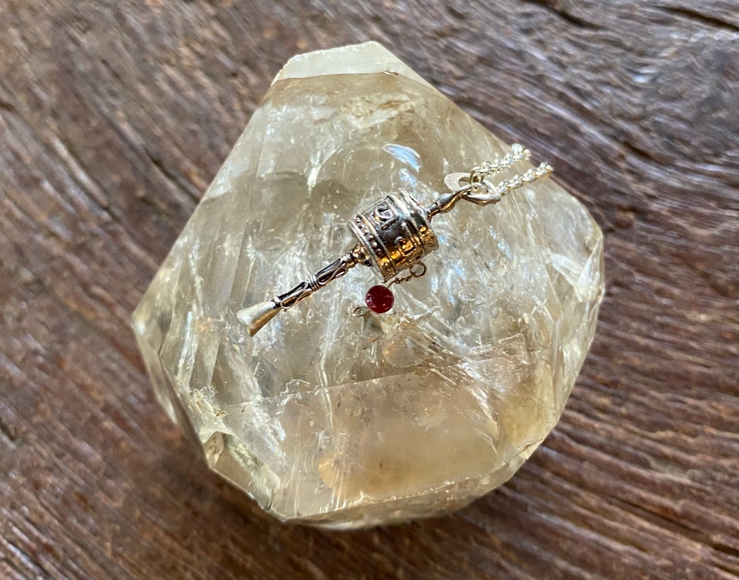 Mini Prayer Wheel Pendant, Sterling Silver With Garnet Bead, Chain ...