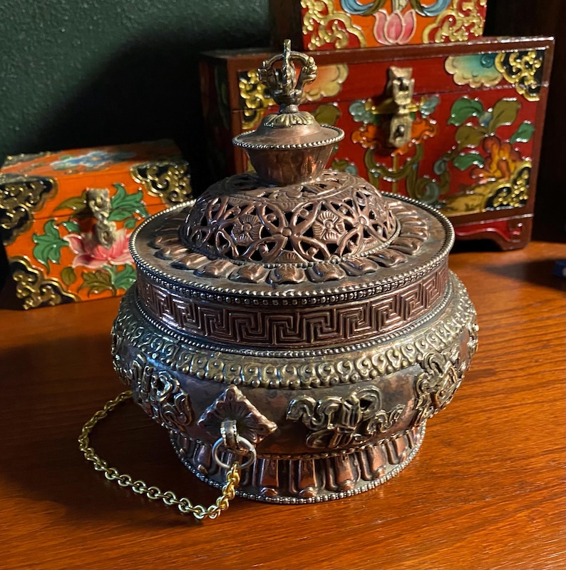 Tibetan Hanging Temple Censer, Large Copper and Brass, 7 X 7-3/4" Round ...