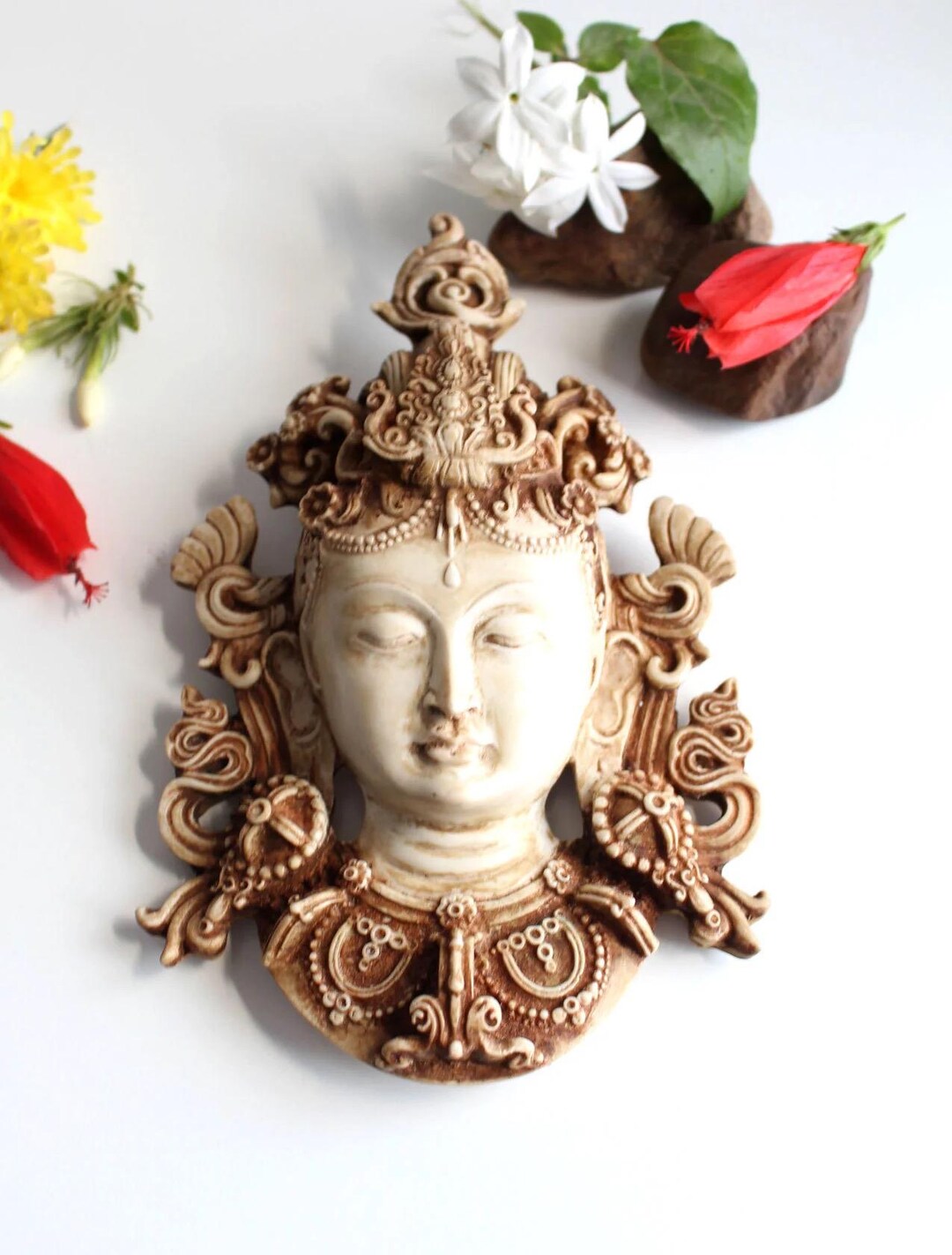 Resin Tara Mask, Ivory Wall Hanging, 8" H X 5-1/4" W X 2" Nepal, Hanger ...
