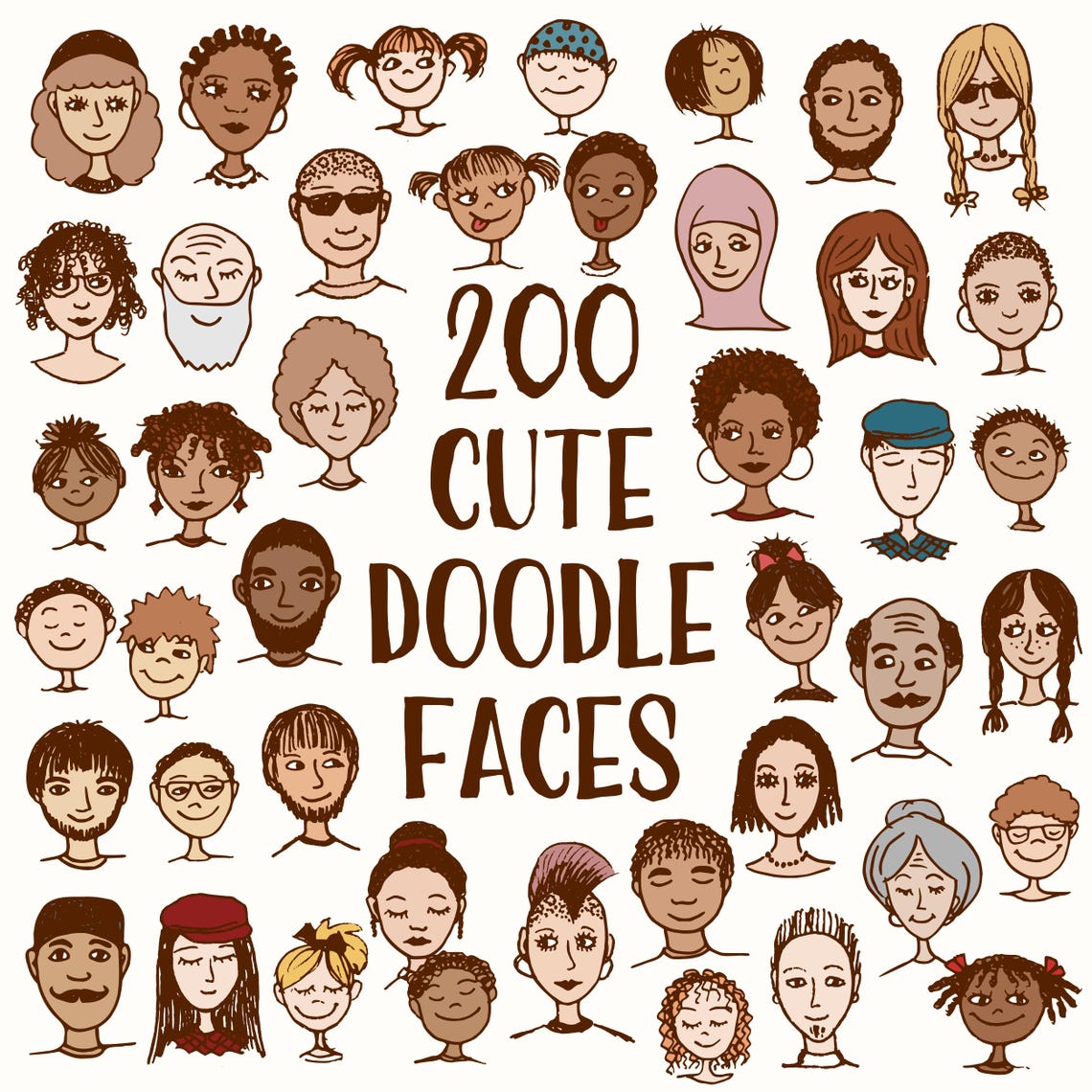 Vector Clipart - 200 Cute Doodle Faces, Hand Drawn Doodles, People's ...