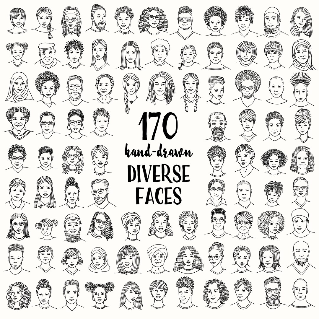 Vector Clipart - 170 Diverse Hand-drawn Faces, Young Adults, Children ...