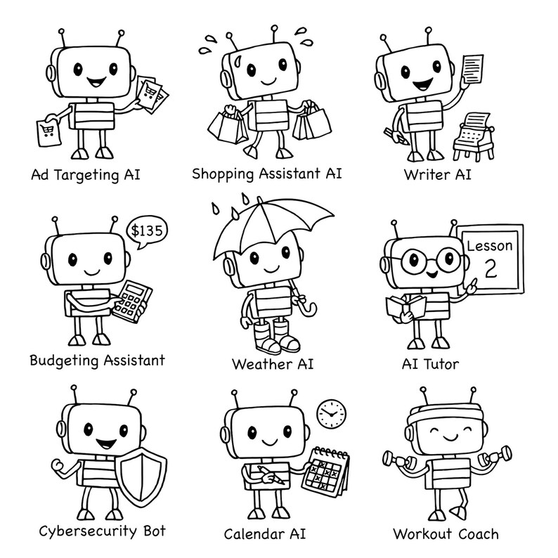 Cute AI Robot Clipart Set Hand Drawn Digital Illustrations for Stickers ...