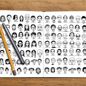 Vector Clipart - 200 Cute Doodle Faces, Hand Drawn Doodles, People's ...