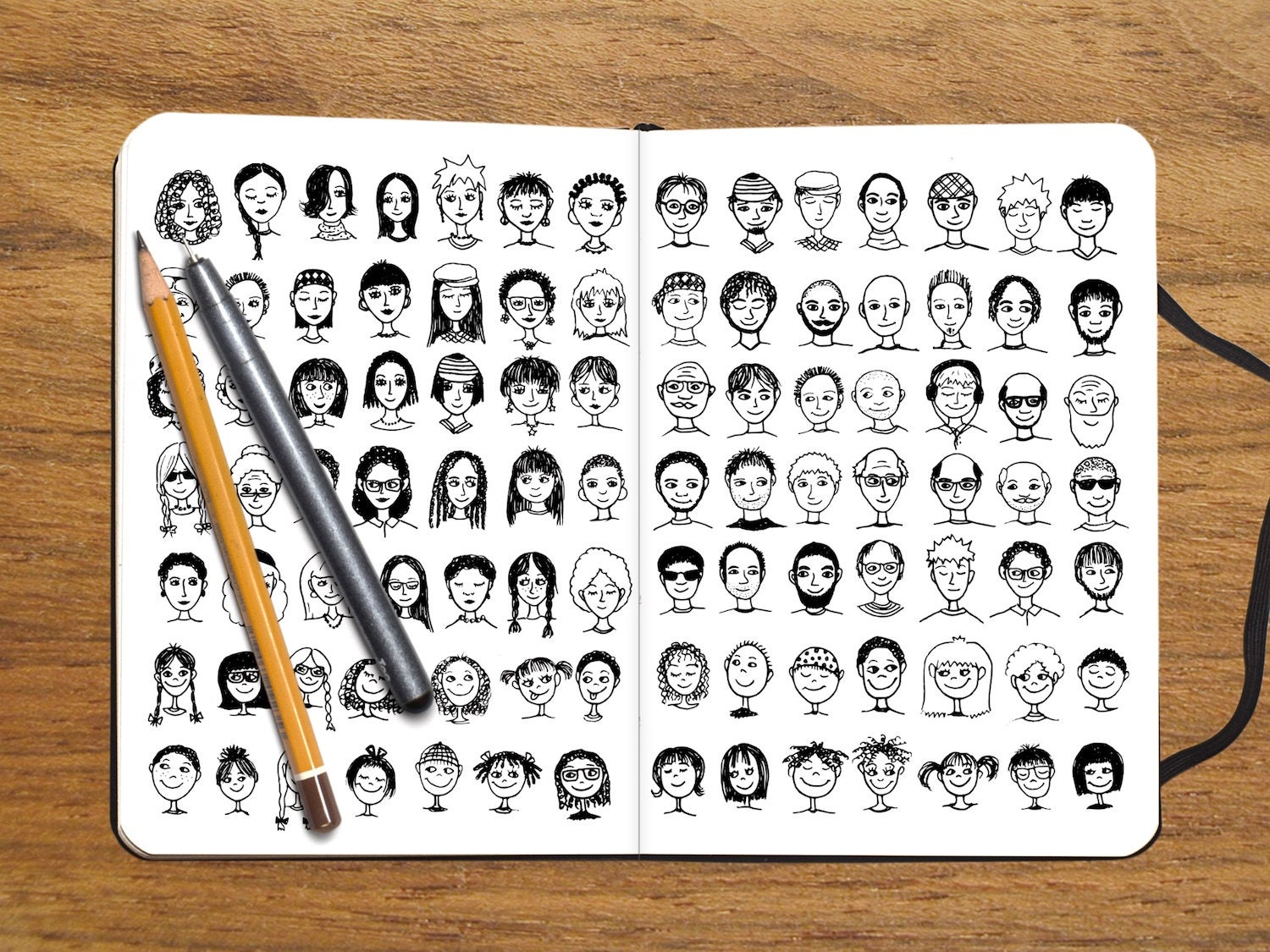 Vector Clipart - 200 Cute Doodle Faces, Hand Drawn Doodles, People's ...