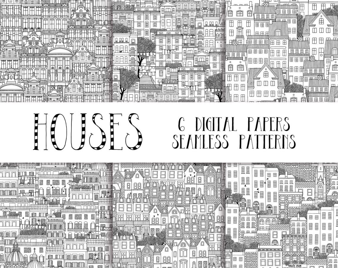 European Houses SVG and PNG: Hand-drawn Clipart + 6 Seamless Patterns ...