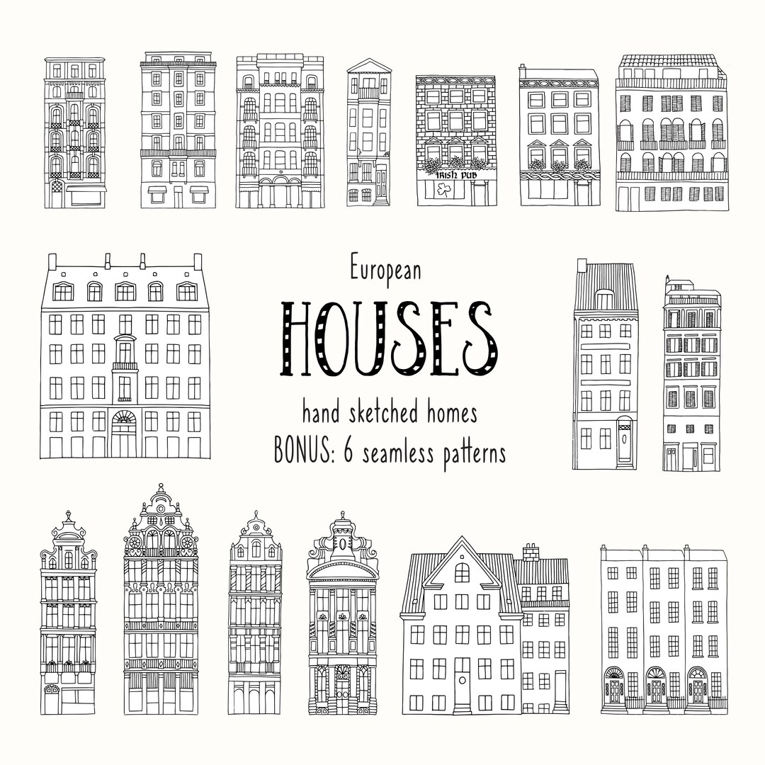 European Houses SVG and PNG: Hand-drawn Clipart + 6 Seamless Patterns ...