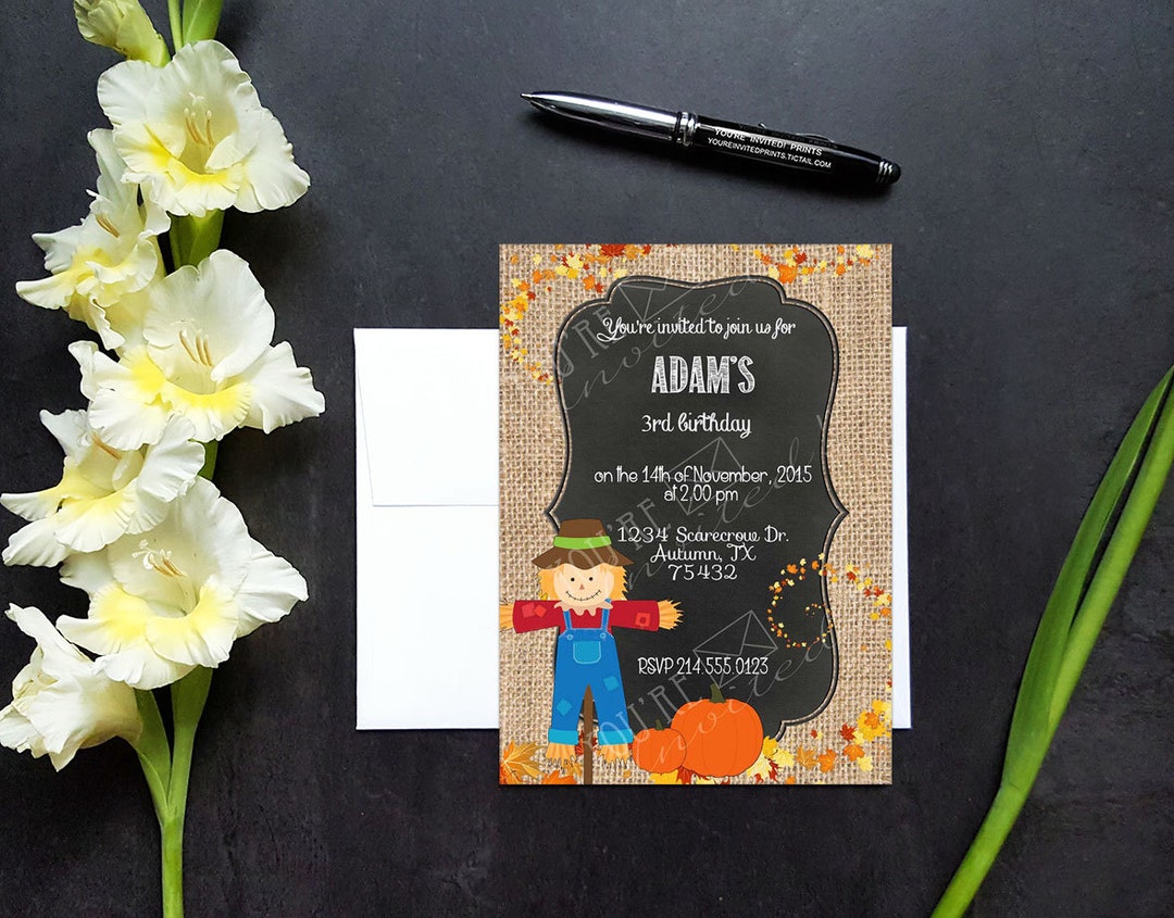Scarecrow Theme Invite, Fall Autumn Leaves Birthday Invite, Sept Invite ...