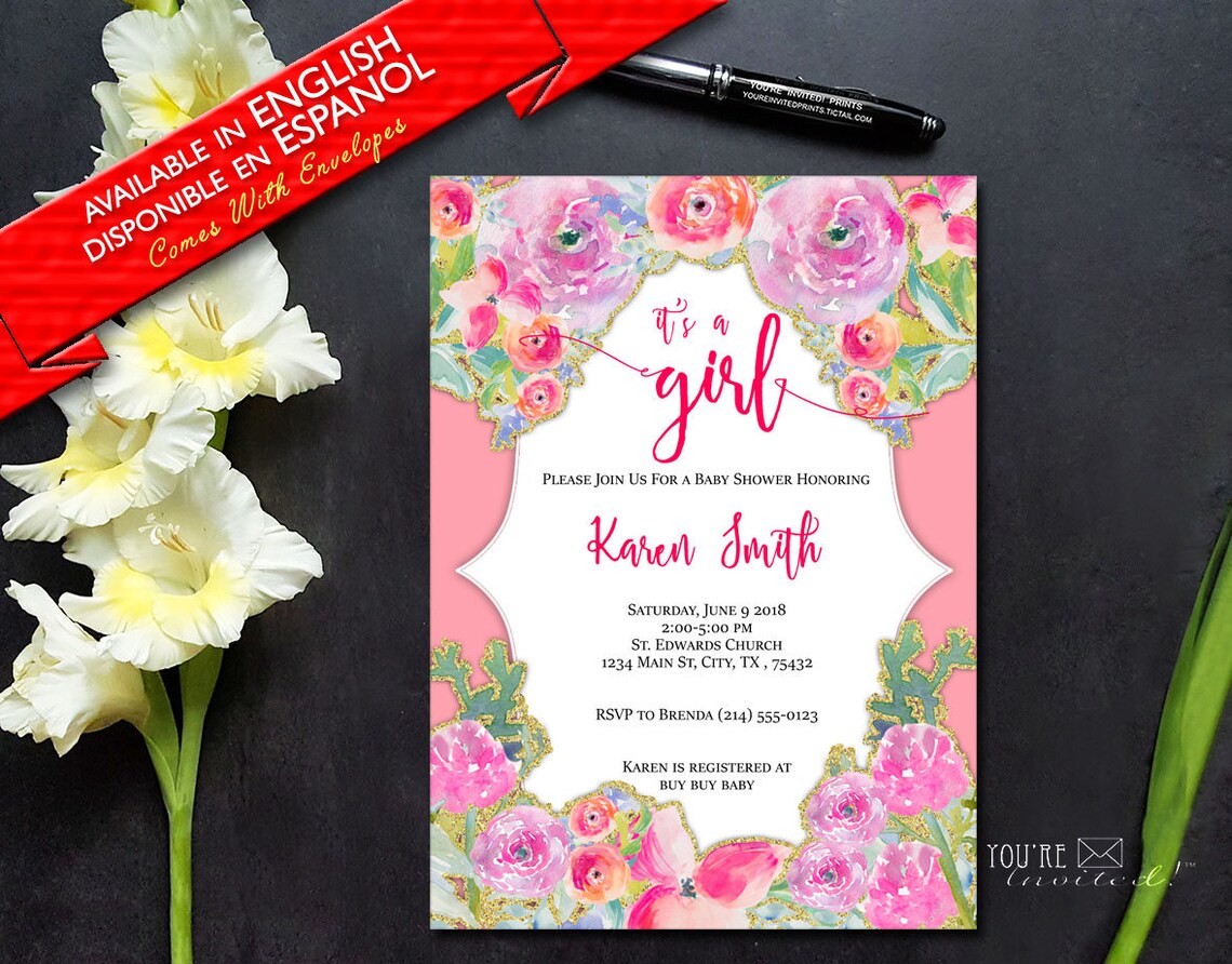 Floral Border Baby Shower Invitations Girl Baby Shower - Etsy