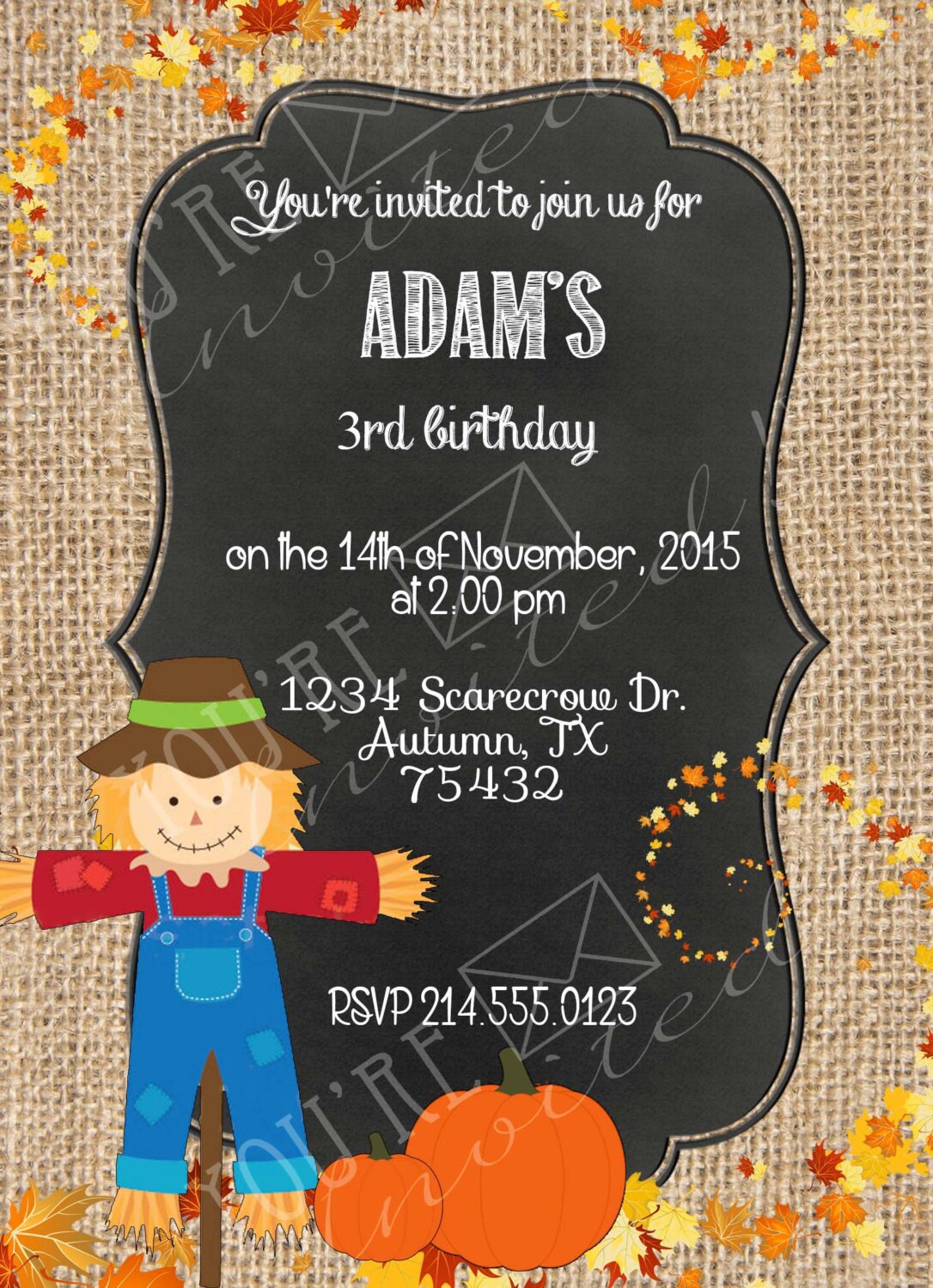 Scarecrow theme invite Fall Autumn leaves birthday invite | Etsy