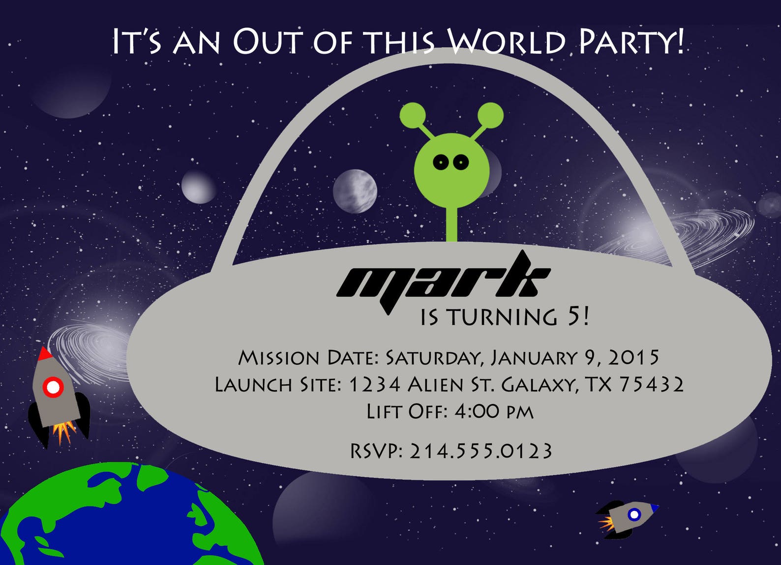 Alien Spaceship UFO Invitation, Rocket Ship Invite, Kids Invite, Galaxy ...