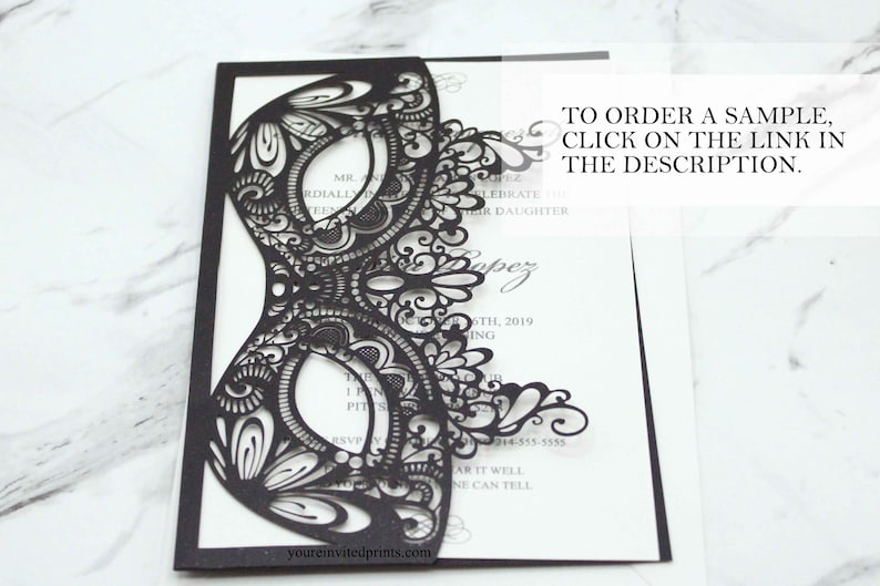 Masquerade Mask Laser Cut Invitation, Elegant Black Mask Quinceañera ...