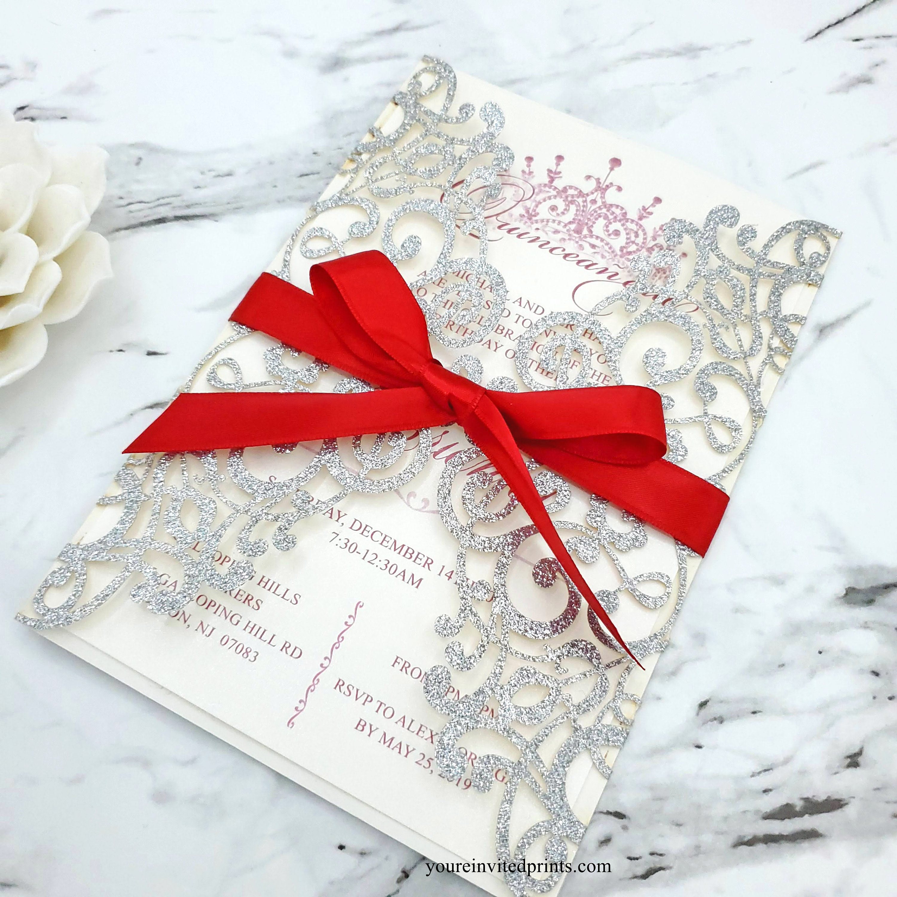 Silver Glitter Laser Cut Invitations Red Ribbon Quinceañera - Etsy