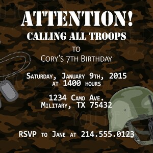 Camo Invitation, Military Themed Invite, Camouflage Birthday Invitation ...