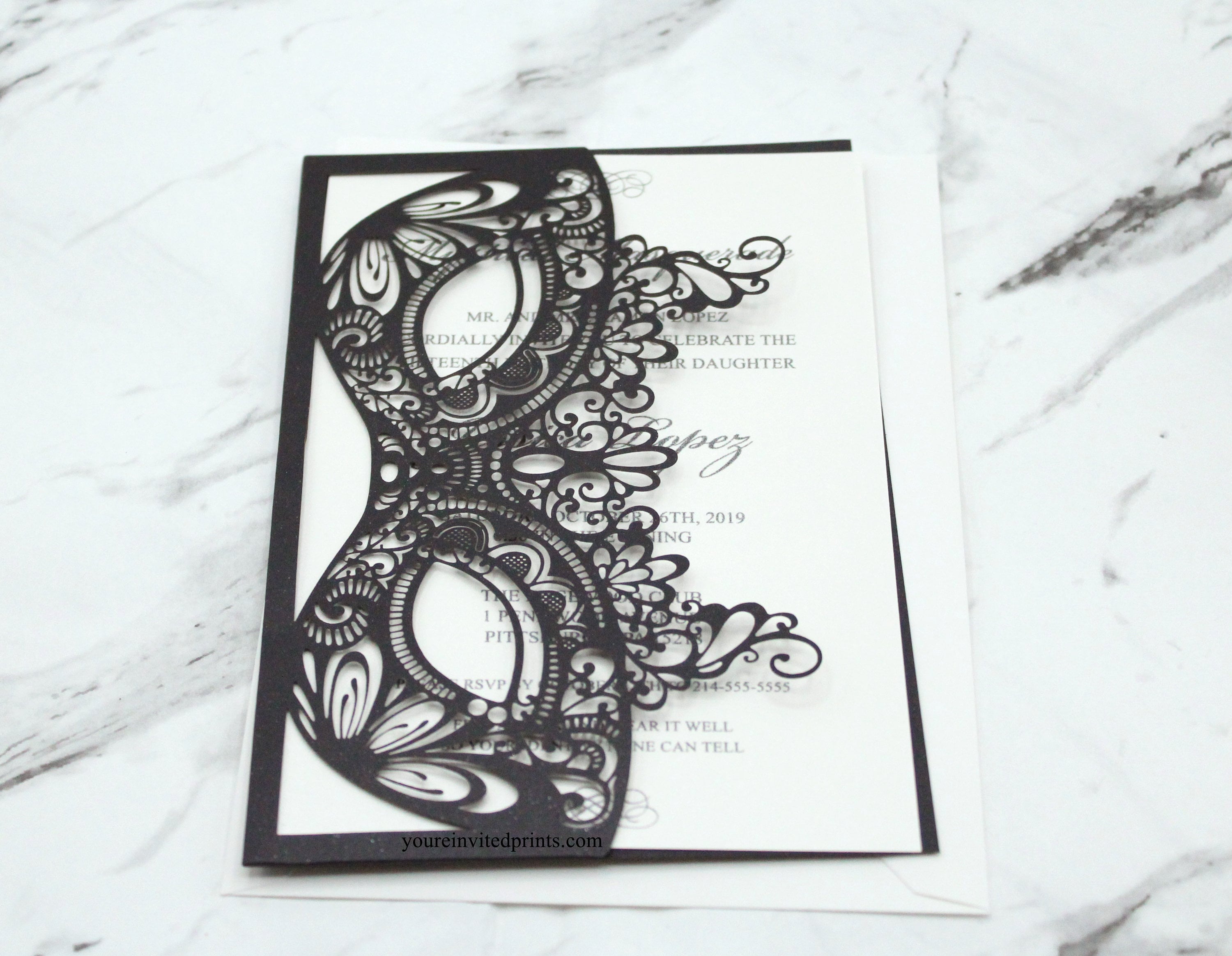 Masquerade Mask Laser Cut Invitation, Elegant Black Mask Quinceañera ...