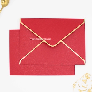 Red Shimmer Envelopes With Gold Foil Border, Elegant Envelopes 5.3 X 7. ...