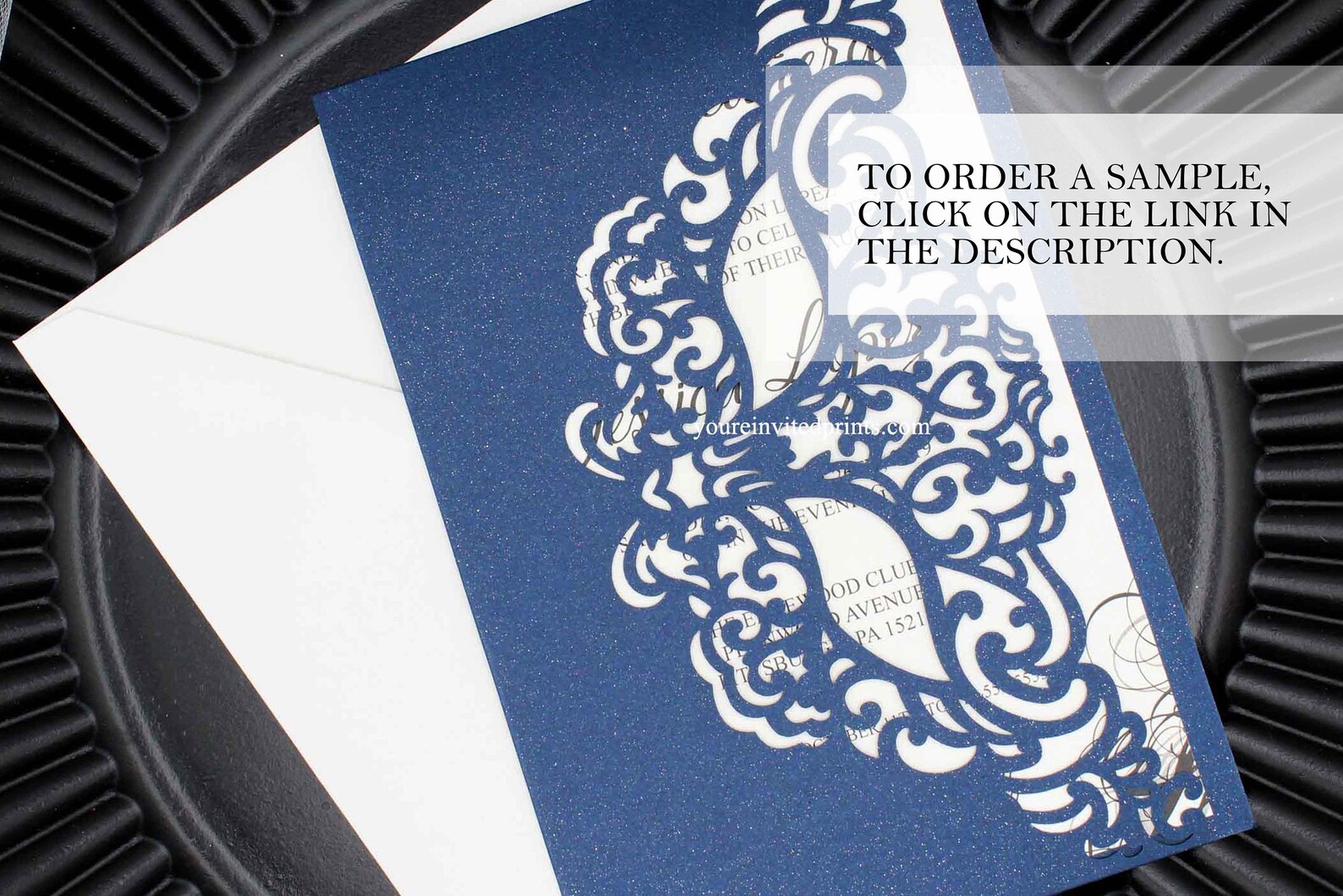 Navy Masquerade Mask Laser Cut Invitation, Navy With Silver Glitter ...