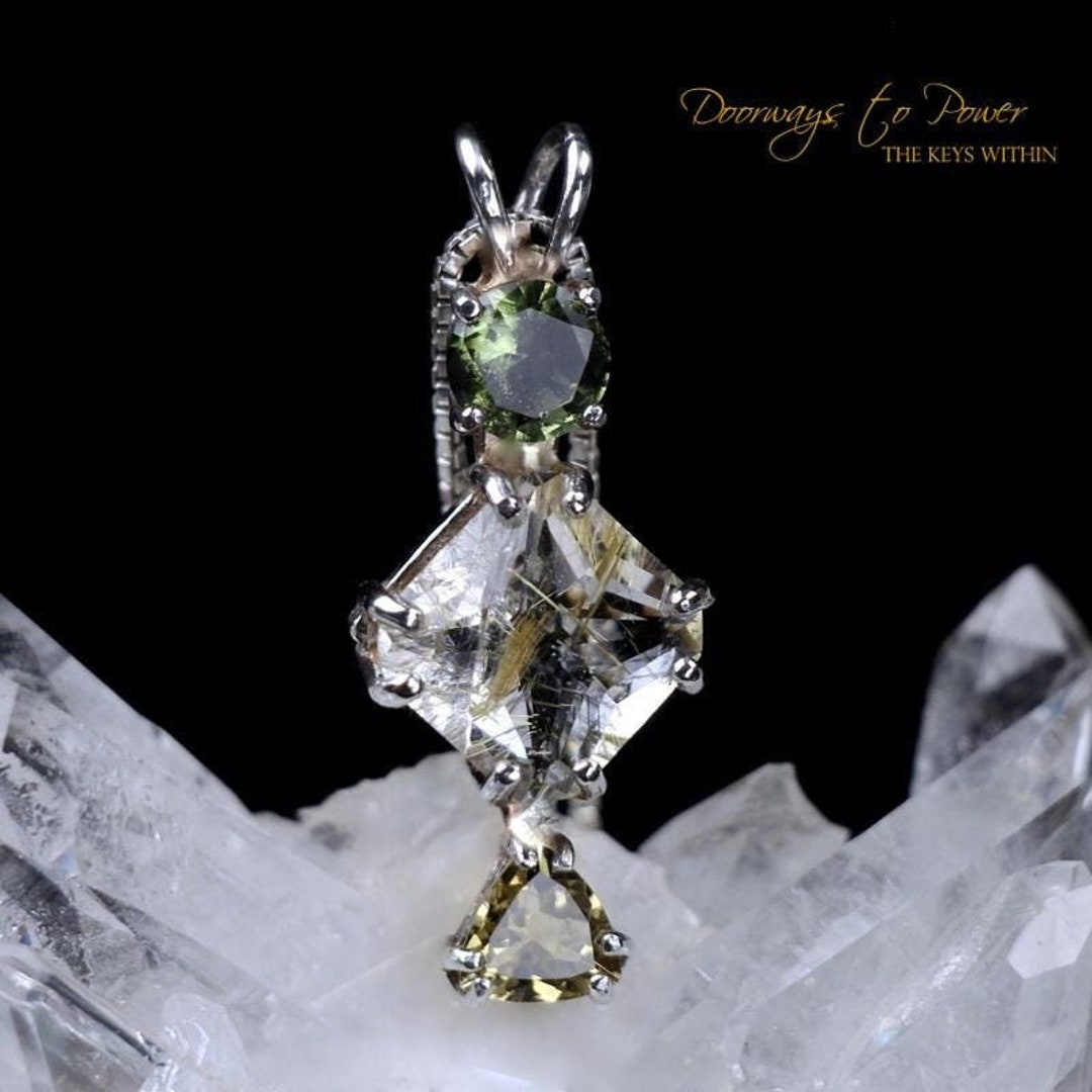 Moldavite Rutilated Quartz Yellow Tourmaline Magician Stone Pendant SS ...