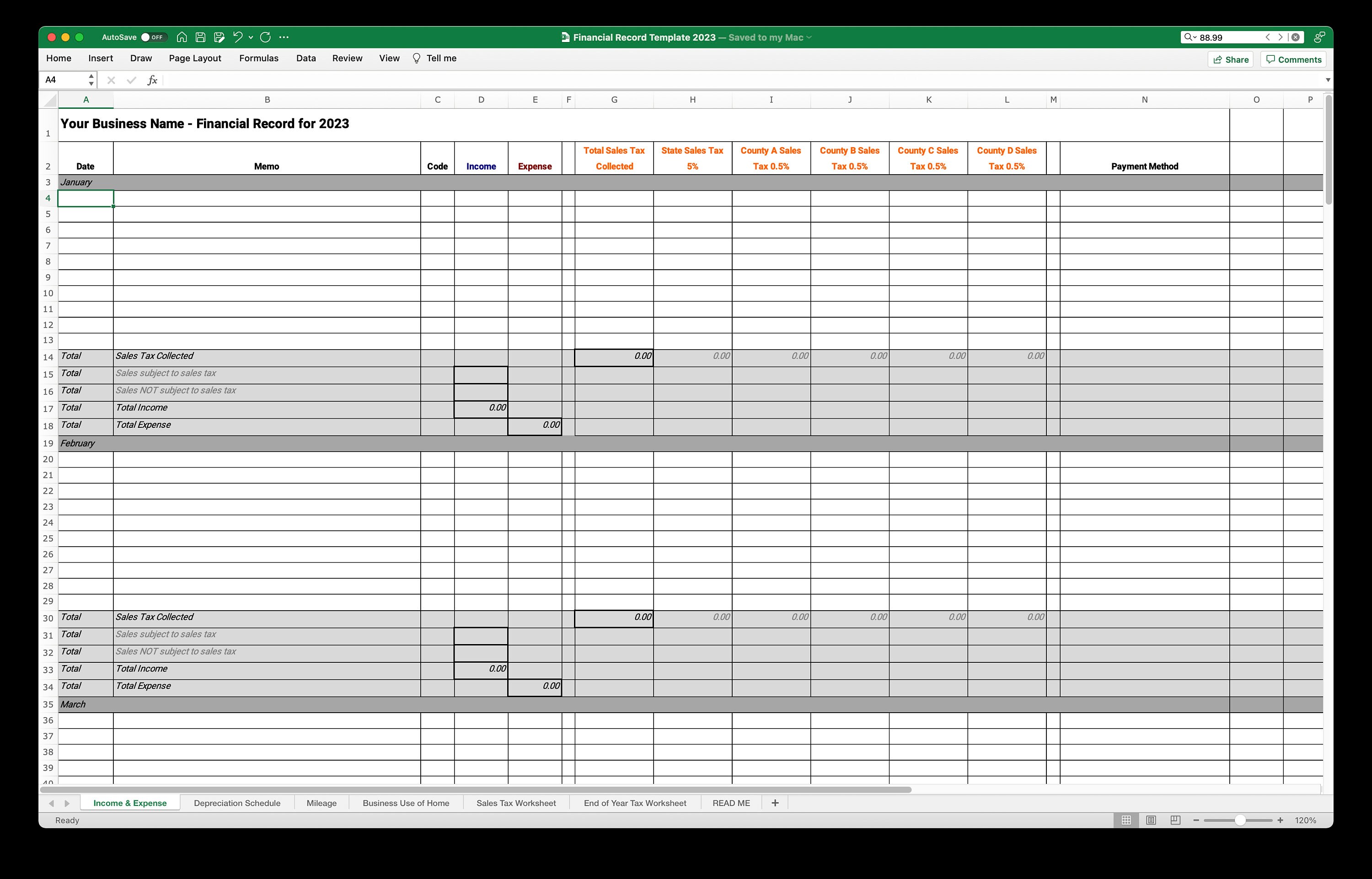 Financial Record Spreadsheet, Sales Income and Expense, Taxes, Small ...