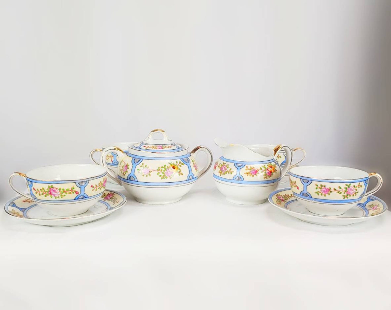Vintage Tea Set Nippon Floral Porcelain China Flowers Pink Blue Orange ...