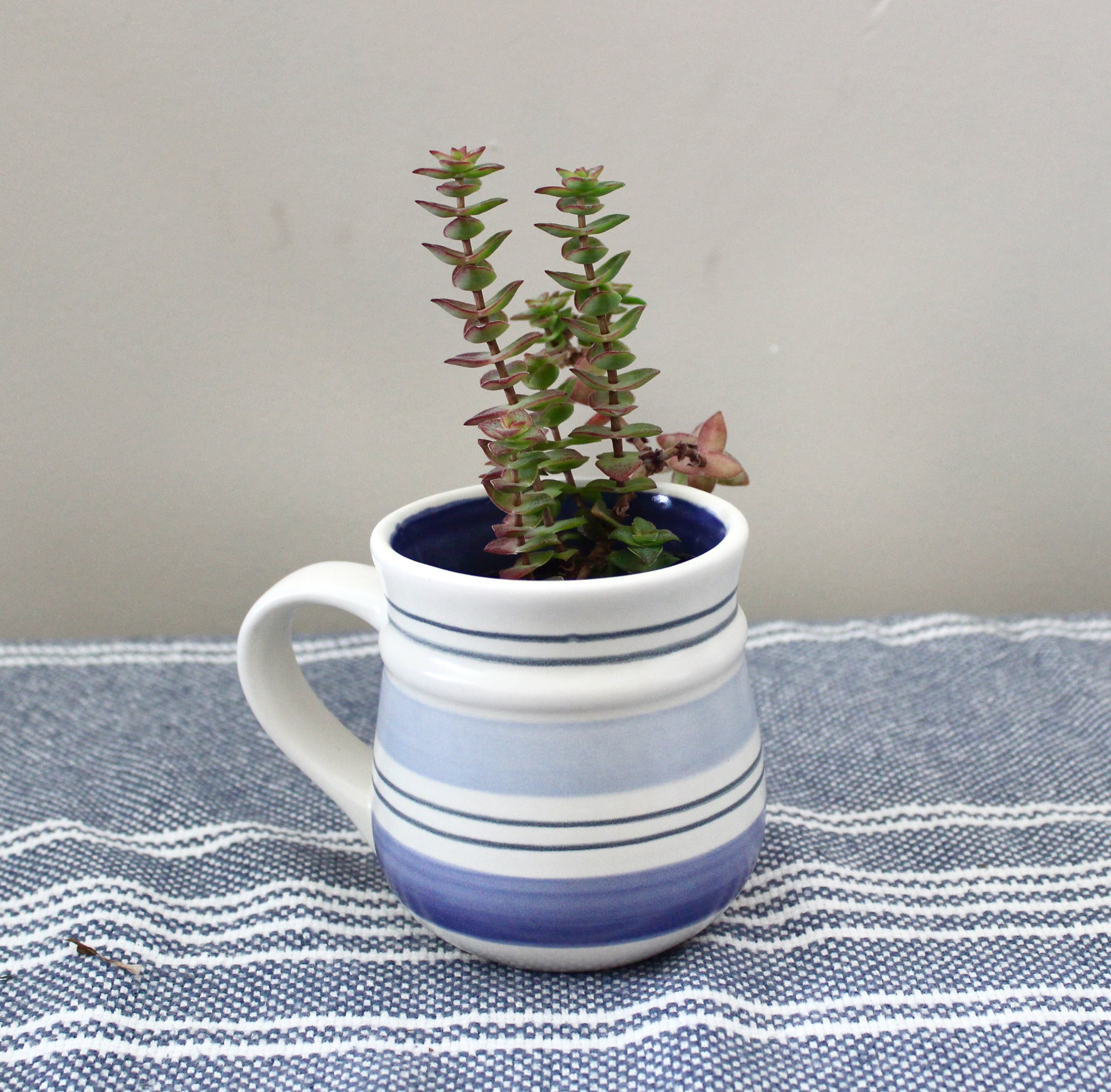 Blue Striped Plant Pot W/ Drainage Thrifted and Upcycled Mugs - Etsy