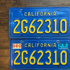 License Plate California Vintage 1987 Pair Blue, Vintage California ...