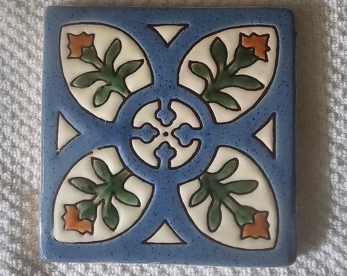 Raised Texture "blue Celtic Rose" Mexican Talavera Ceramic Tiles 4.25 X ...