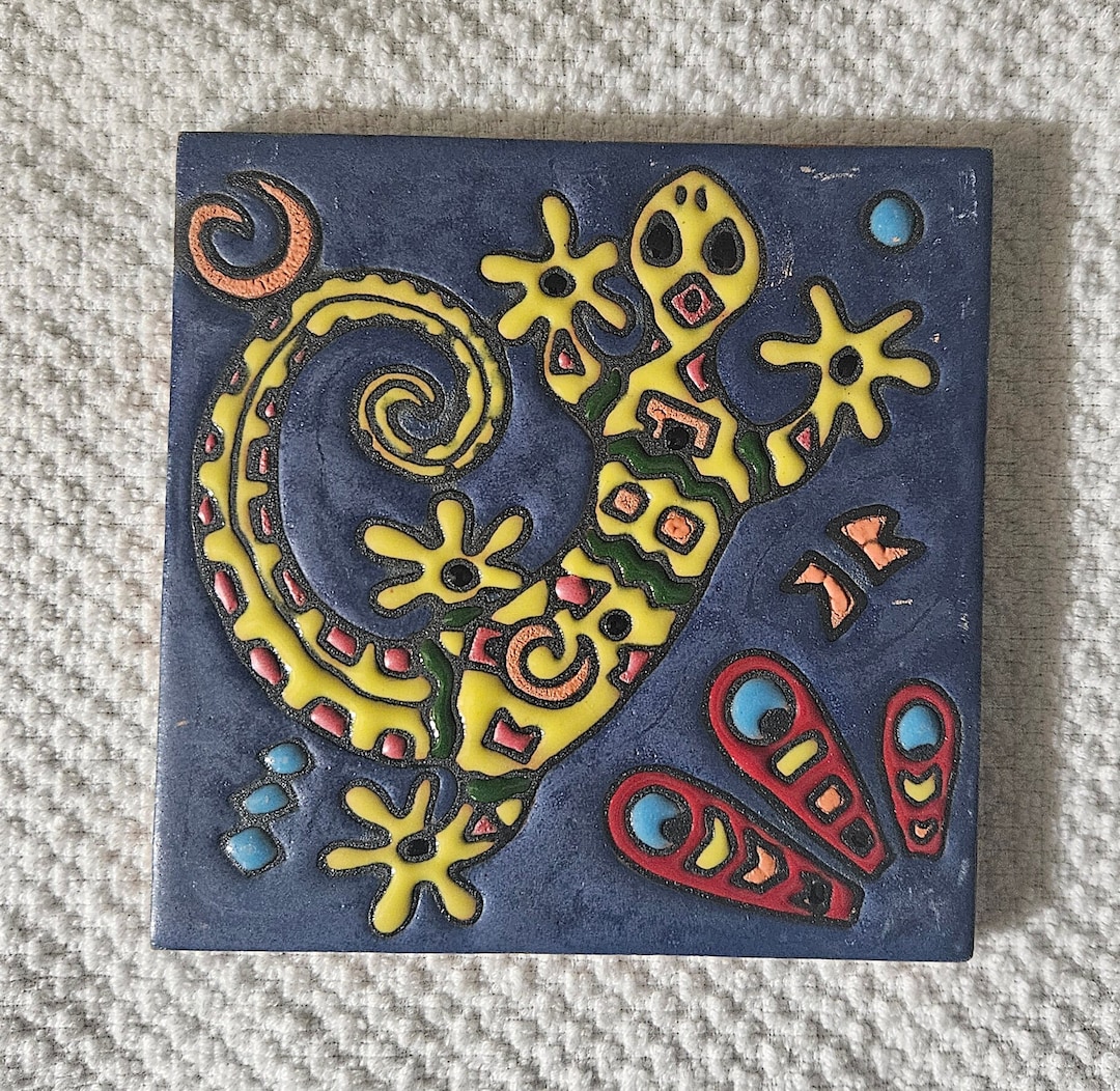 Matte Raised Texture Blue Yellow Lizard Mexican Talavera Ceramic Tiles ...