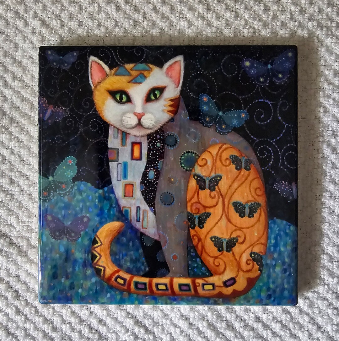 Glossy Accent Piece Butterfly Kitty Cat American Ceramic Tile 4.25x4.25 ...
