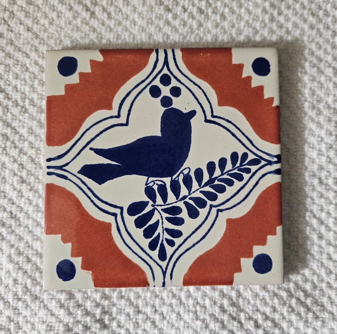 Glossy 4 Dot Terracotta Blue Bird Mexican Talavera Ceramic Tiles 4.25 X ...