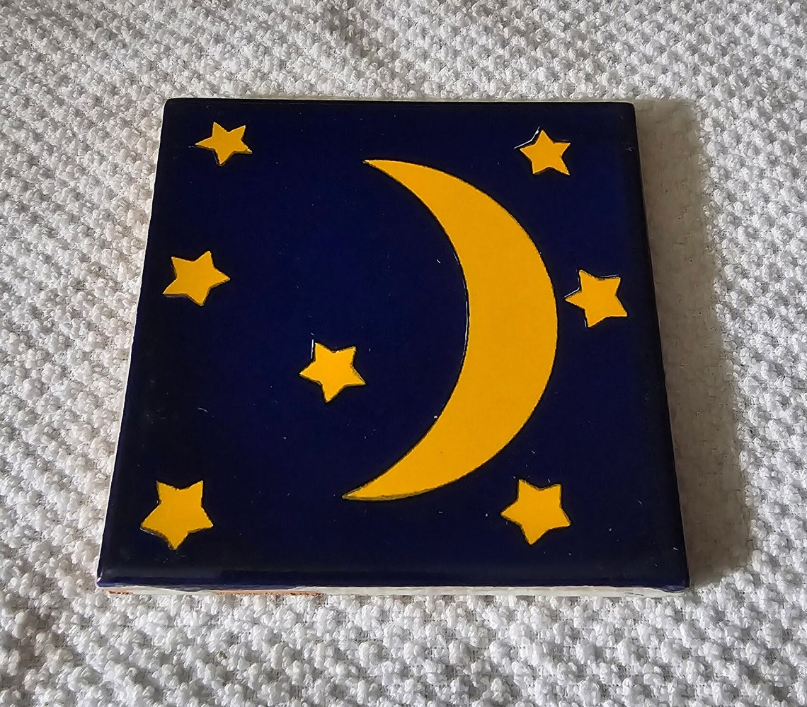 Glossy "yellow Crescent Moon in Stars" Mexican Talavera Ceramic Tiles 4 ...