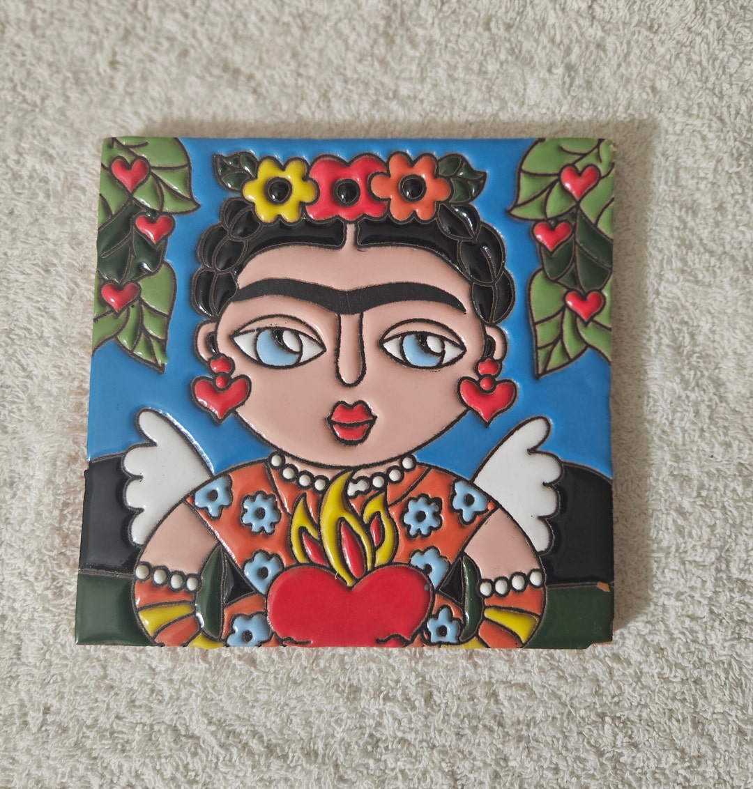 Glossy High Relief blue Frida Kahlo Angel Heart Mexican Talavera ...