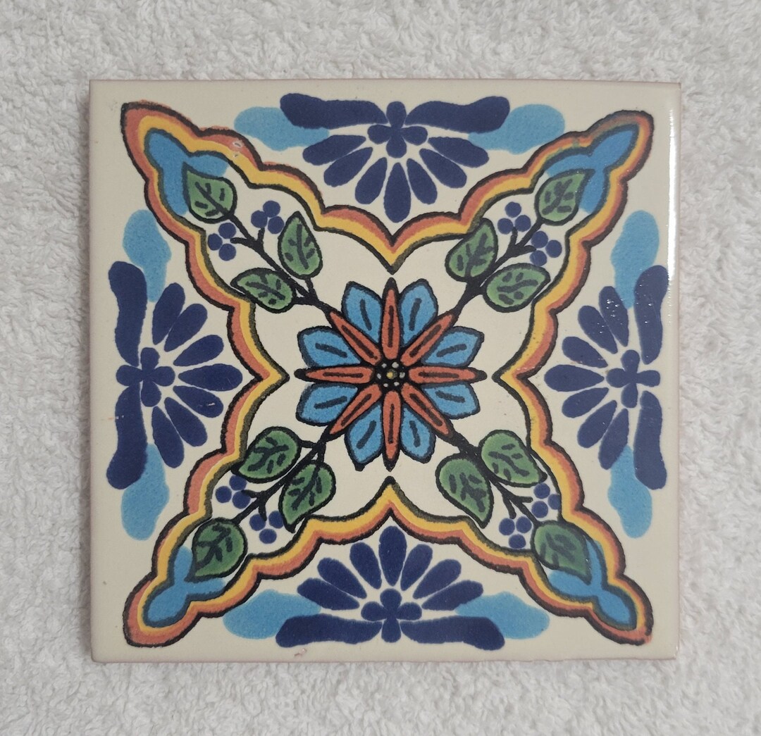 Glossy Blueberry Blossom Number 2 Mexican Talavera Ceramic Tiles 4.25x4 ...