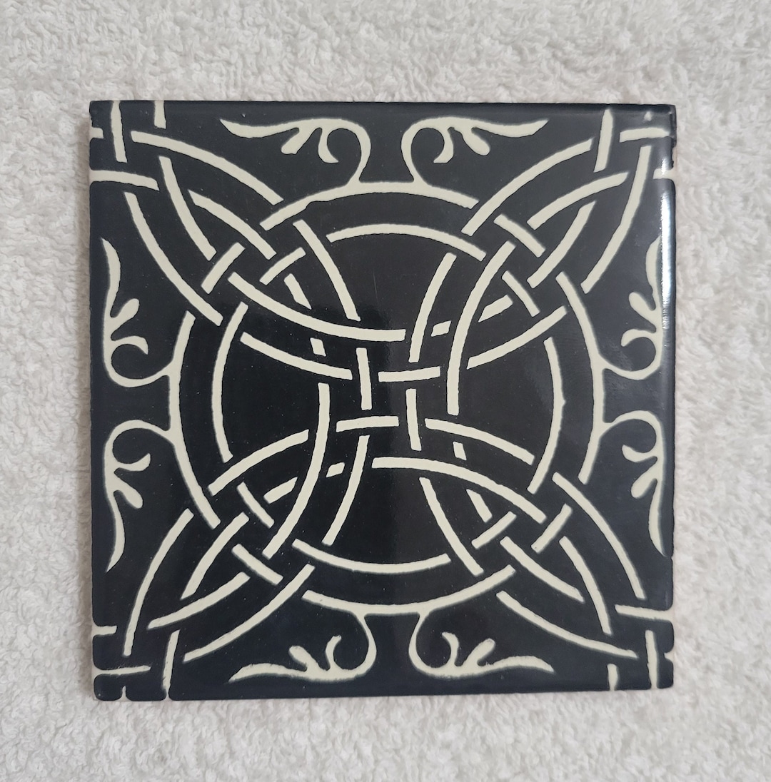 Glossy Black White Gaelic Circle Mexican Talavera Ceramic Tiles 4.25x4 ...