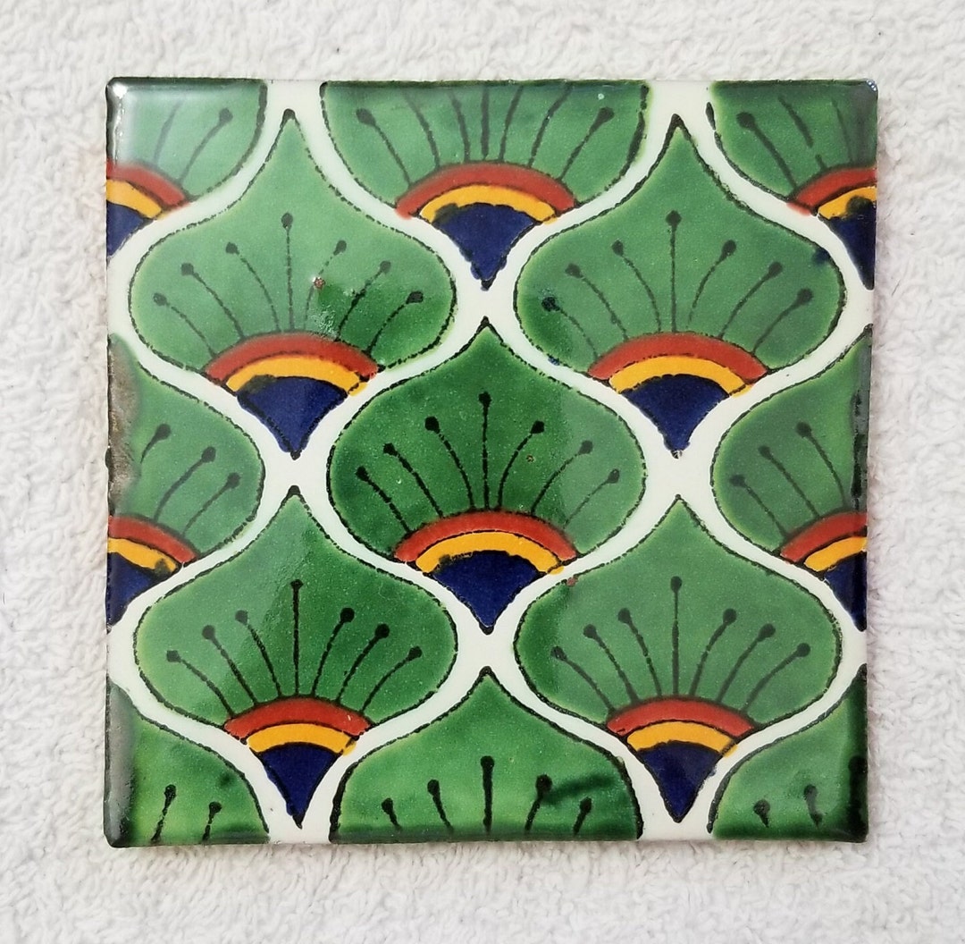 Glossy "green Peacock Feathers" Mexican Talavera Ceramic Tiles 4.25x4 ...