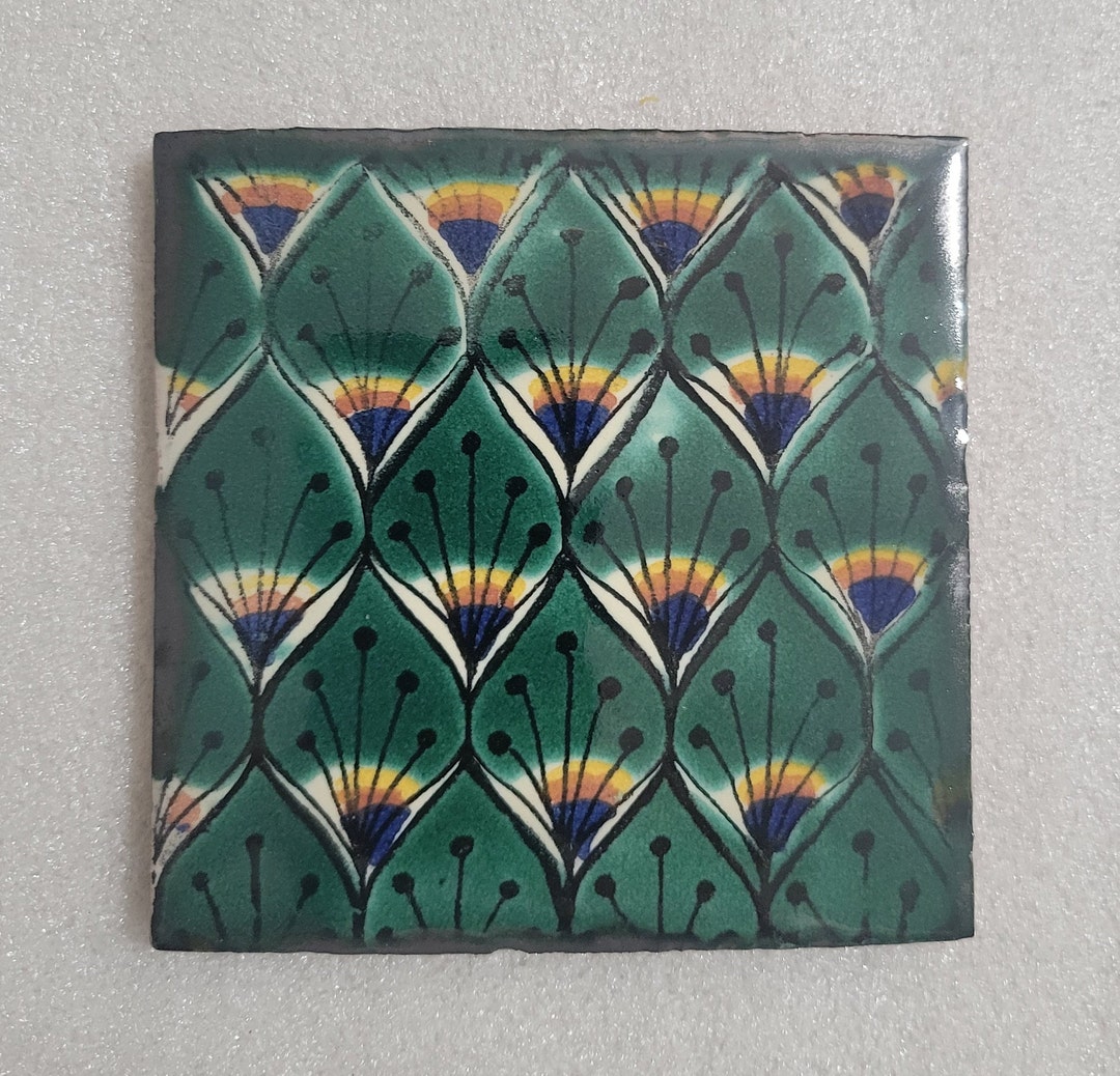 Glossy dark Green Peacock Feathers 1 Mexican Talavera Ceramic Tiles 4x4 ...