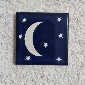 Glossy blue Crescent Moon in Stars 1 Mexican Talavera Ceramic Tiles 2x2 ...